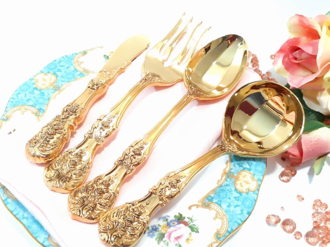 4 Pcs Gold Flatware Rogers French Rose Fancy Flatware Hostess Set ...