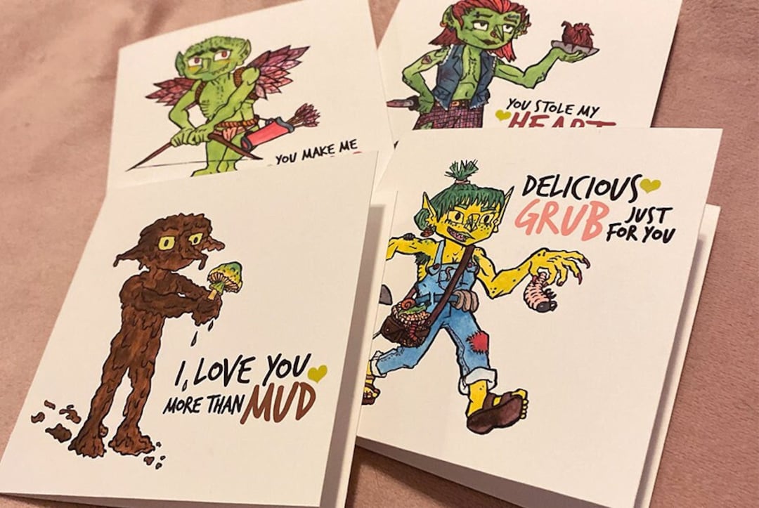 Mini Goblin Valentines | 3.75"x3.75" Card & Green Envelope - Etsy