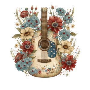 American Guitar With Red, White, Blue Flowers PNG Download - Etsy