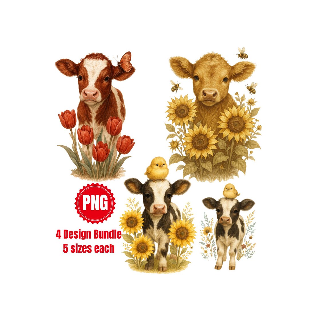 Cow PNG Bundle | 4 Baby Calf Designs With Sunflowers & Chicks | Farm ...