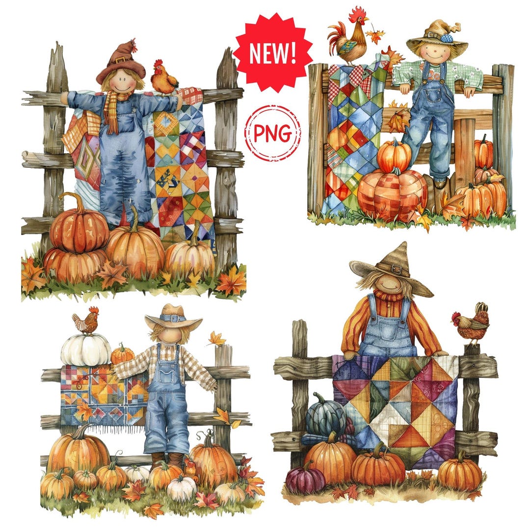 Fall Scarecrow Clipart Set With Pumpkins and Quilts | Rustic Southern ...