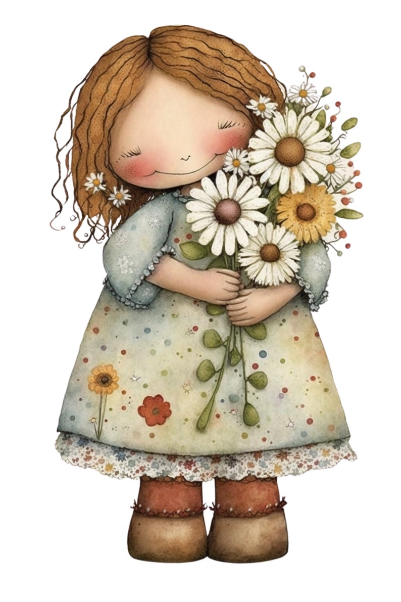 Little Smiling Doll With Flowers PNG Download - Etsy