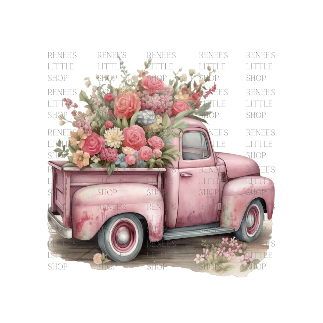 Vintage Pink Truck With Pink Mix of Flowers PNG Digital Download for ...