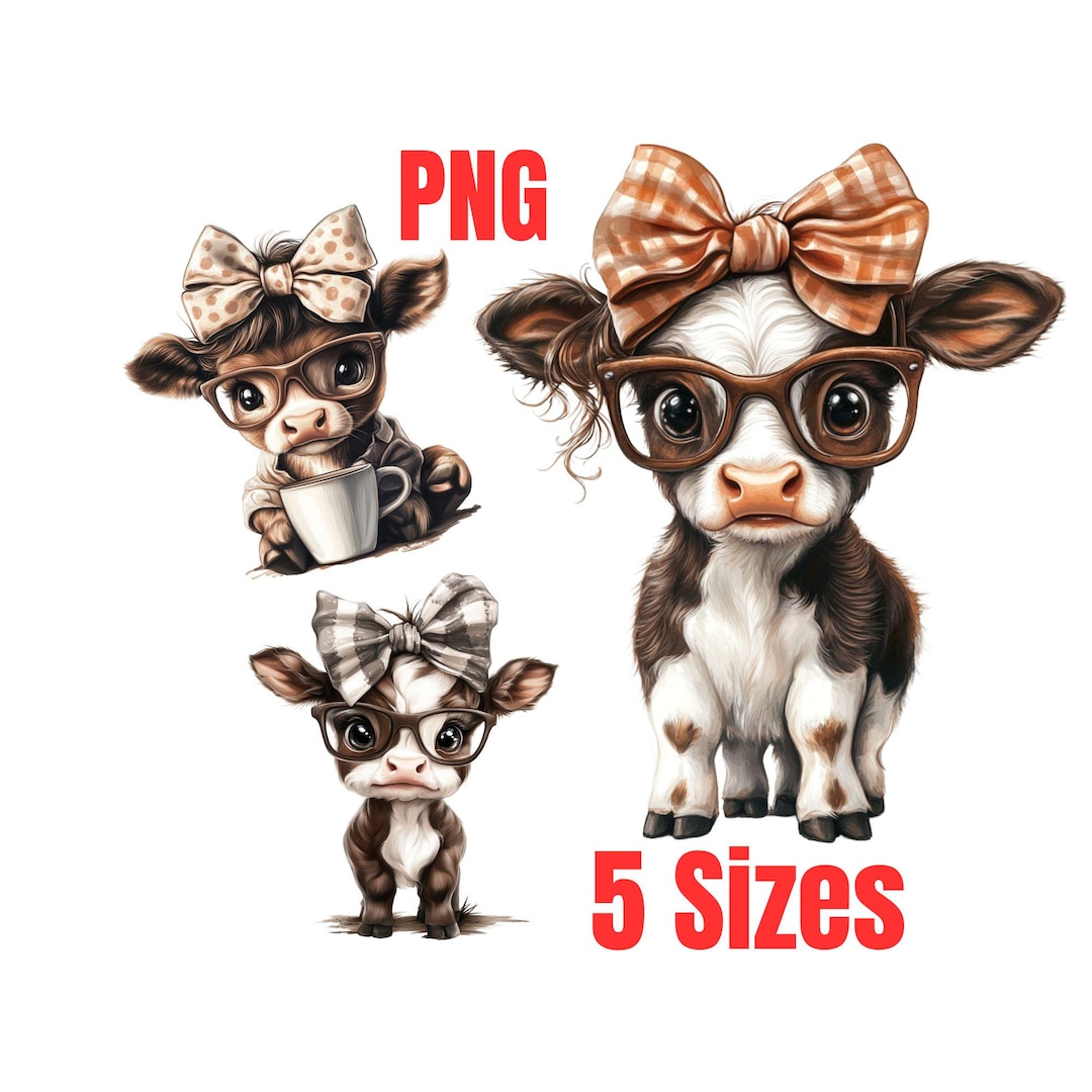 Baby Cow PNG Clipart Bundle | Farmhouse Girl With Bow, Glasses (digital ...