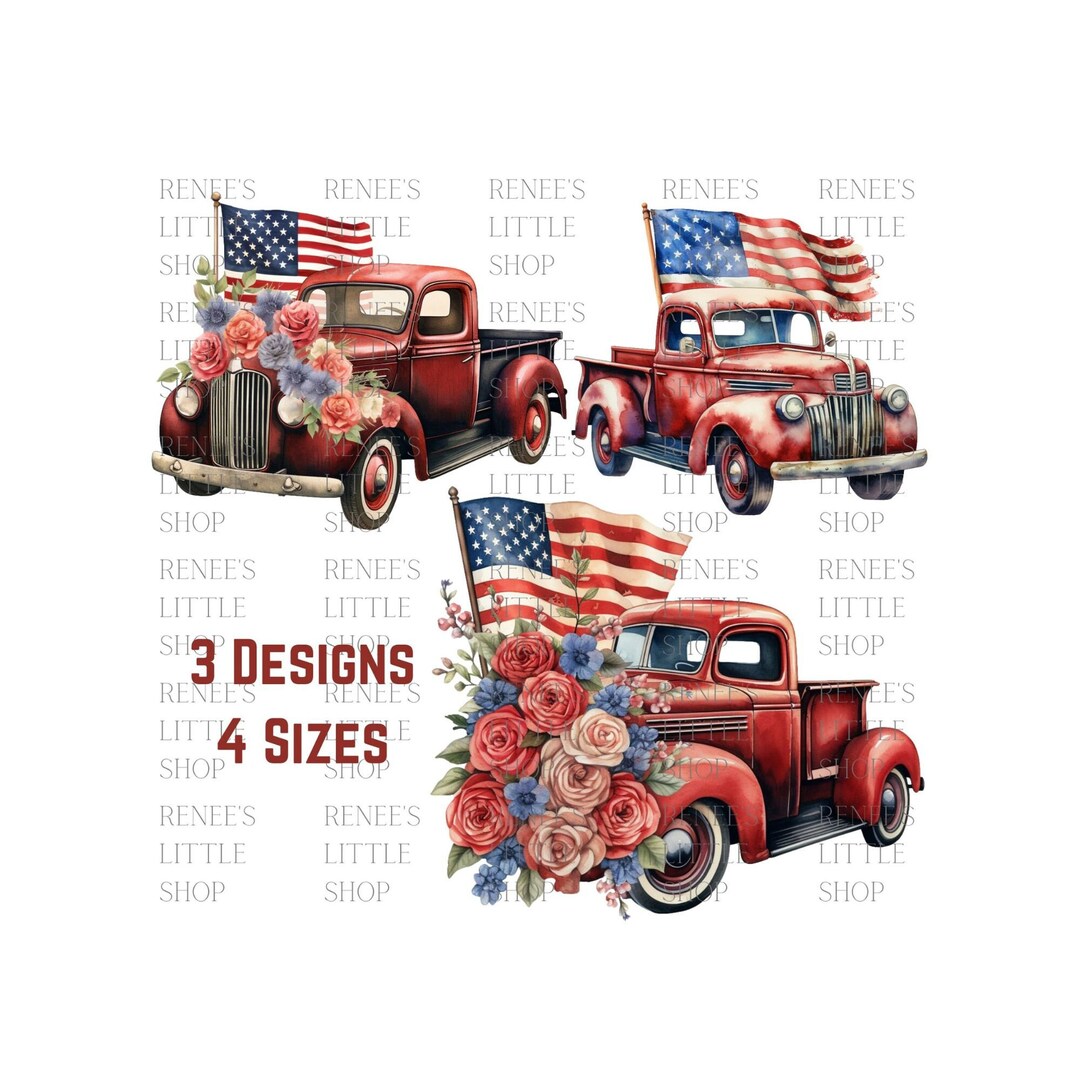 American Red Vintage Truck With Flowers and American Flag Clip Art PNG ...