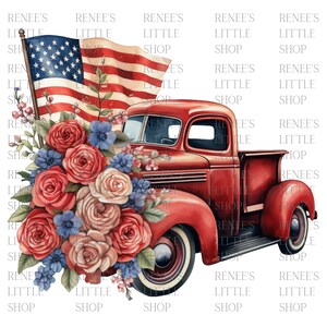 American Red Vintage Truck With Flowers and American Flag Clip Art PNG ...