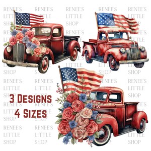 American Red Vintage Truck With Flowers and American Flag Clip Art PNG ...