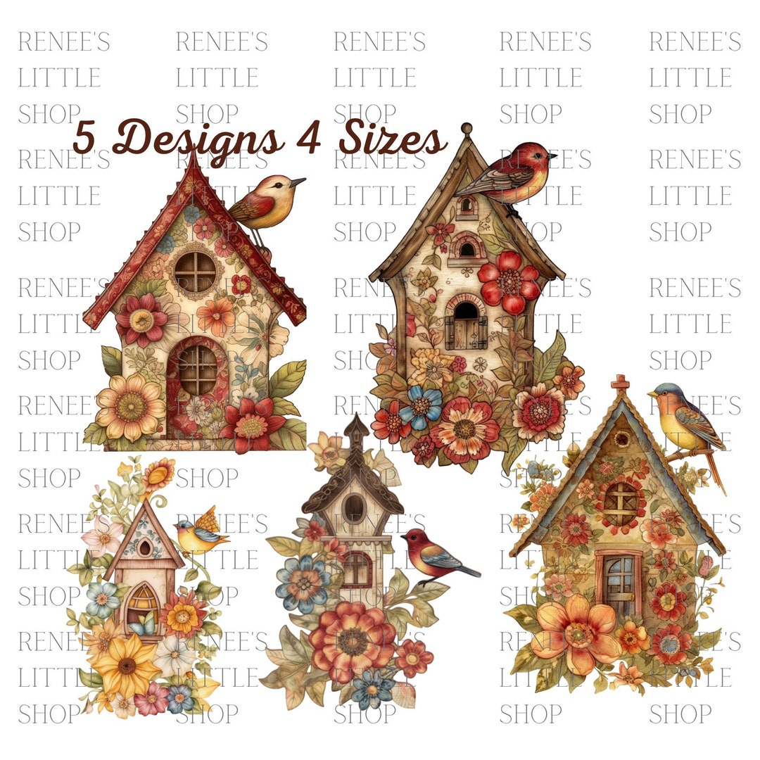 Birdhouse Clip Art Set With Flowers and Birds PNG, Spring Garden ...
