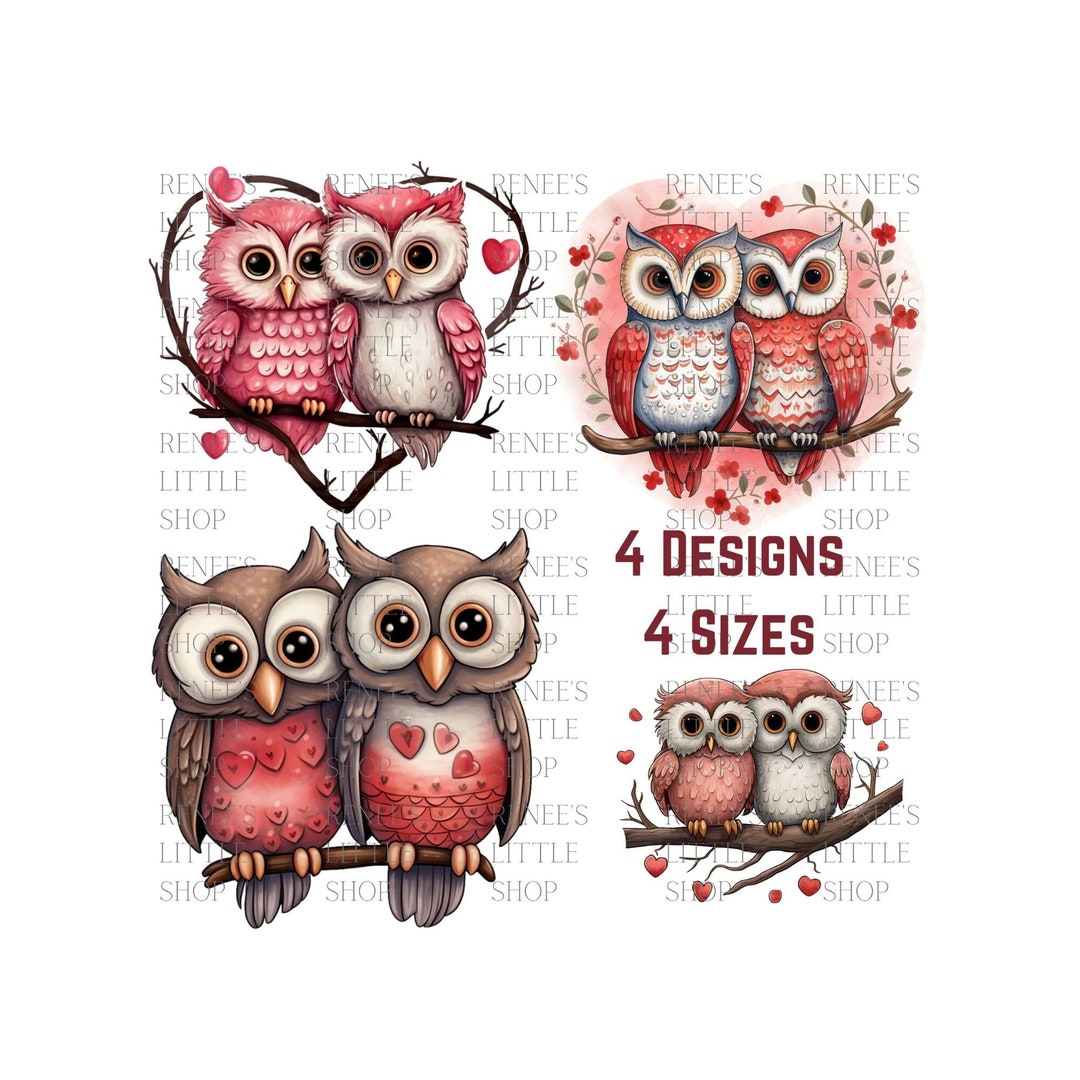 Valentine Owls With Hearts Clip Art PNG Digital Download for ...