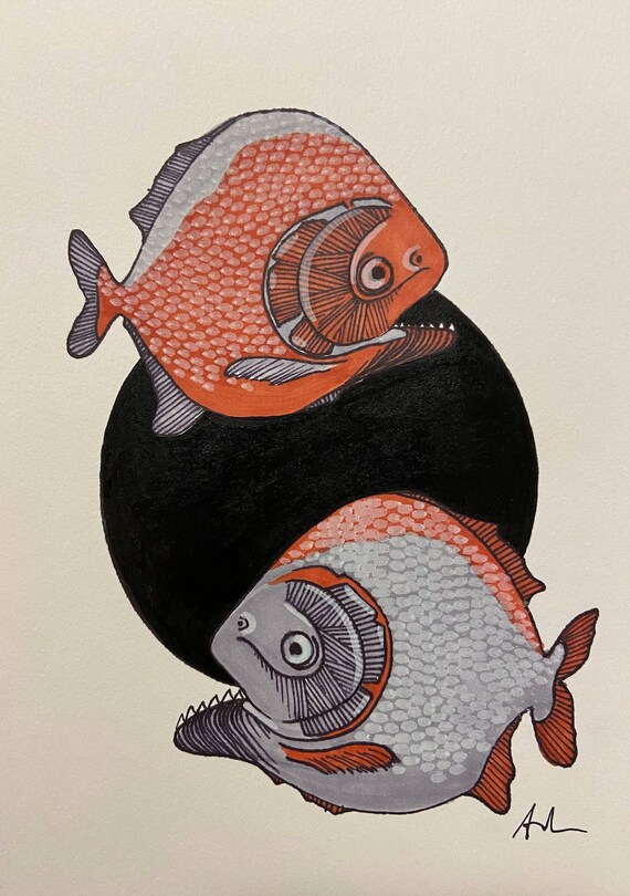 ORIGINAL Piranha Pair Pen & Ink Art & Collectibles Drawing ...