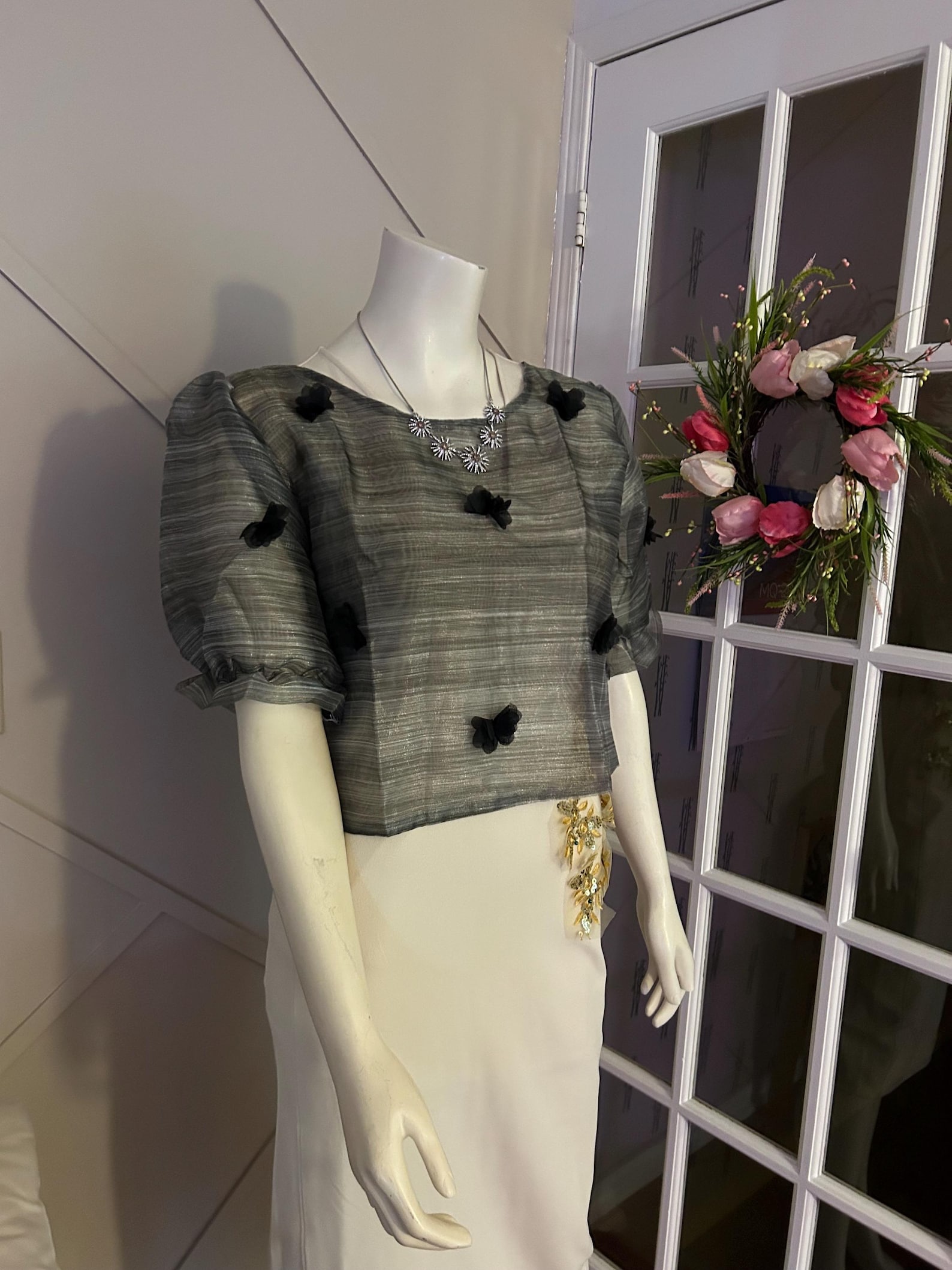 Filipiniana Top With Floral Design Pinya Organza Semi Crop Top - Etsy