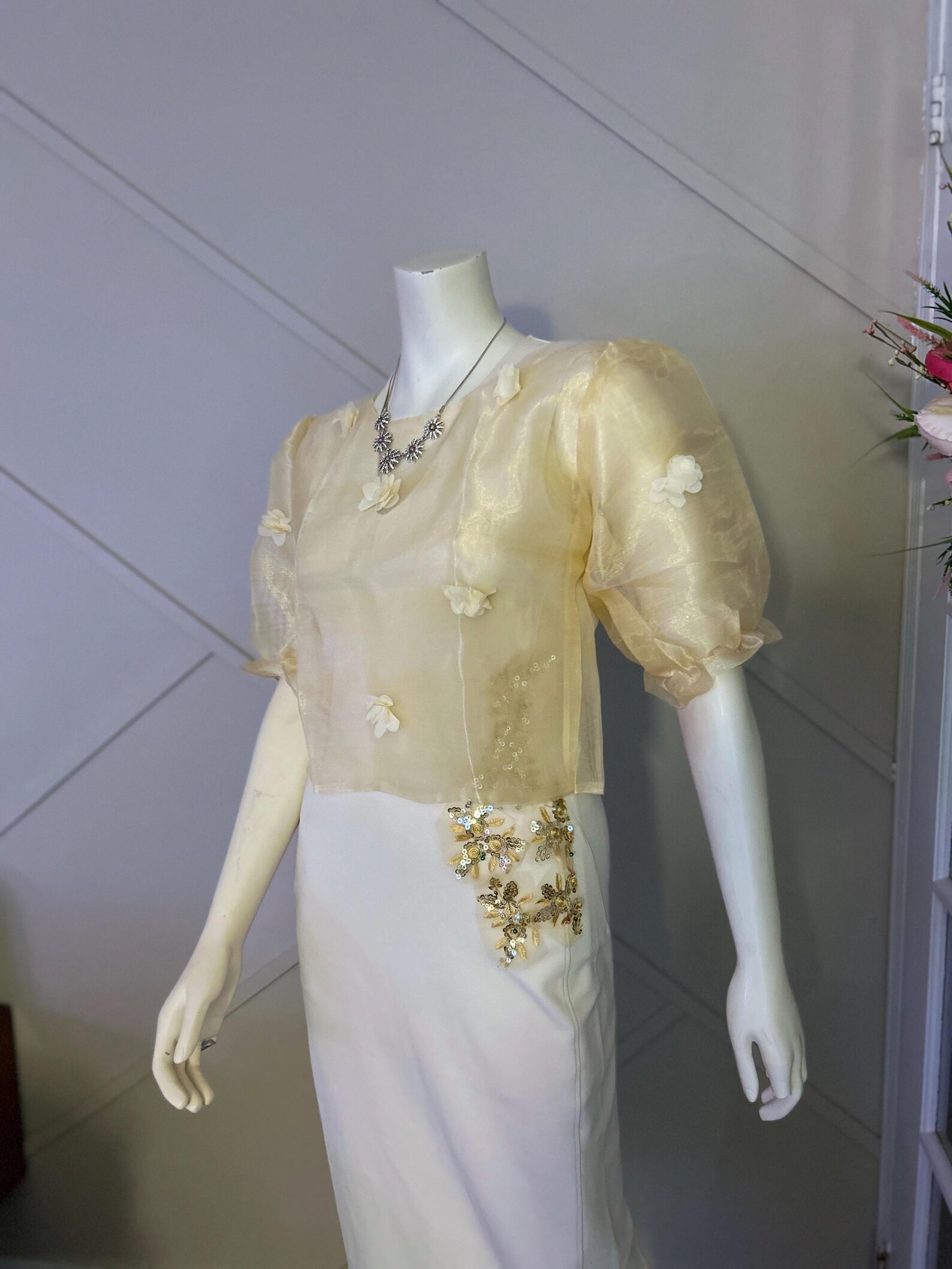 Filipiniana Top With Floral Design Pinya Organza Semi Crop Top - Etsy