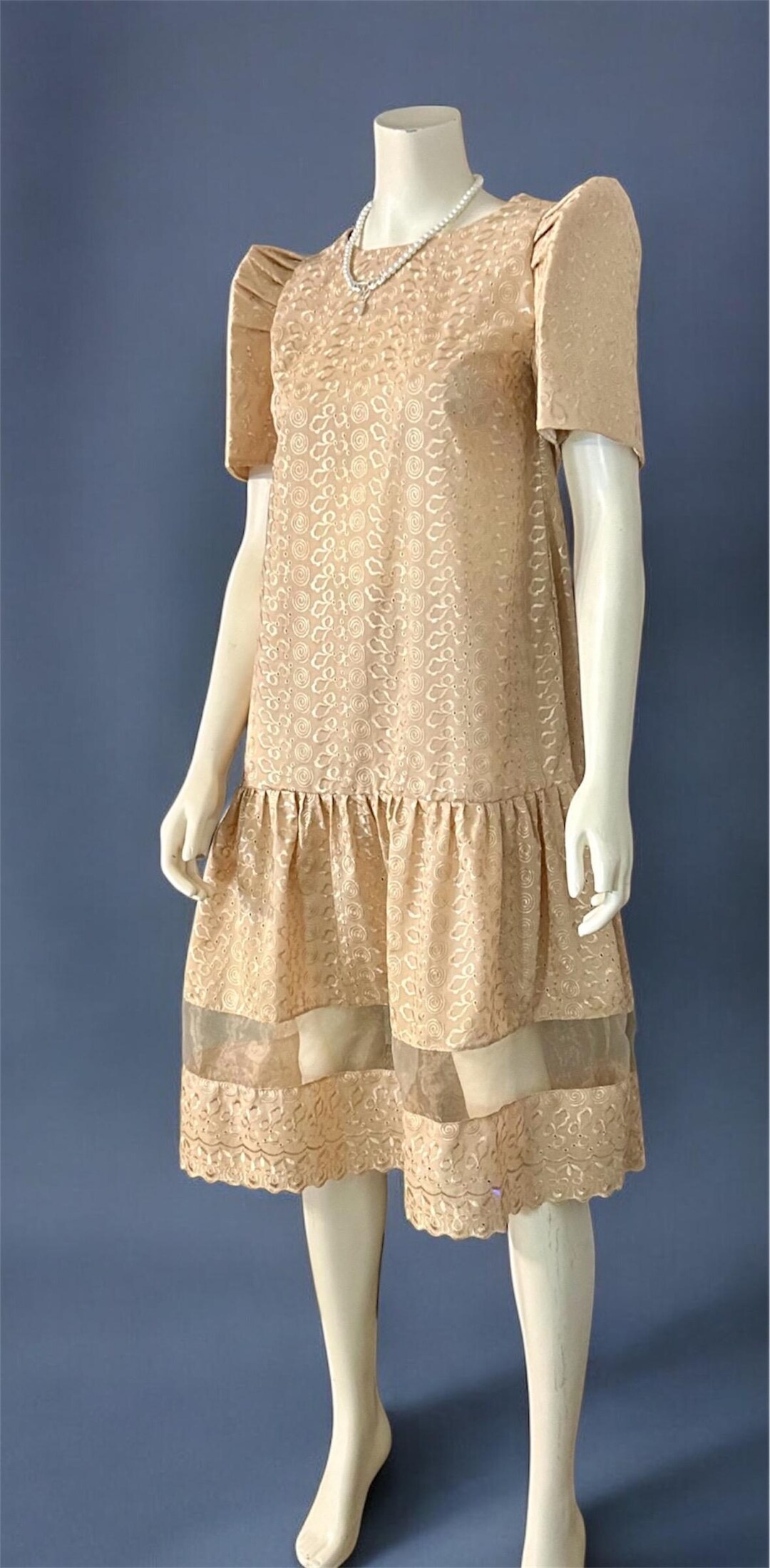 Beige Filipiniana Midi Dress – Eyelet Terno Sleeves, Sheer Hem for ...