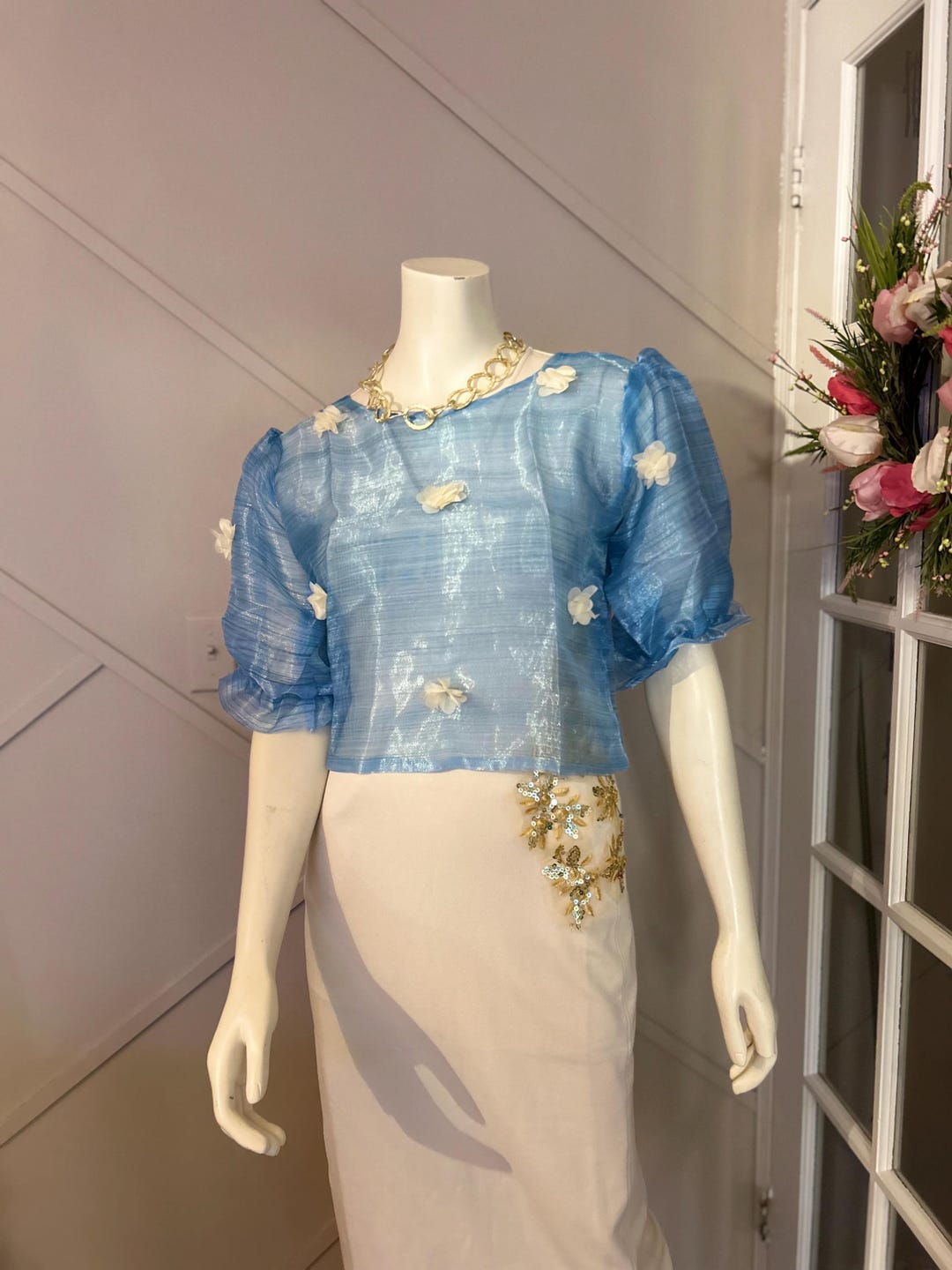 Filipiniana Top With Floral Design Pinya Organza Semi Crop Top - Etsy