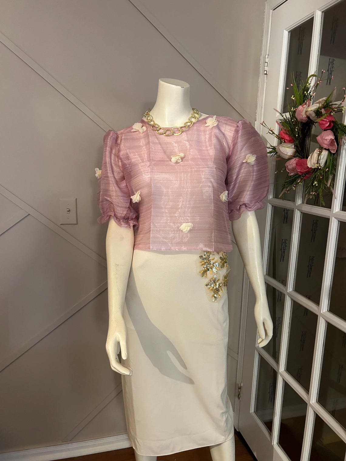 Filipiniana Top With Floral Design Pinya Organza Semi Crop Top - Etsy