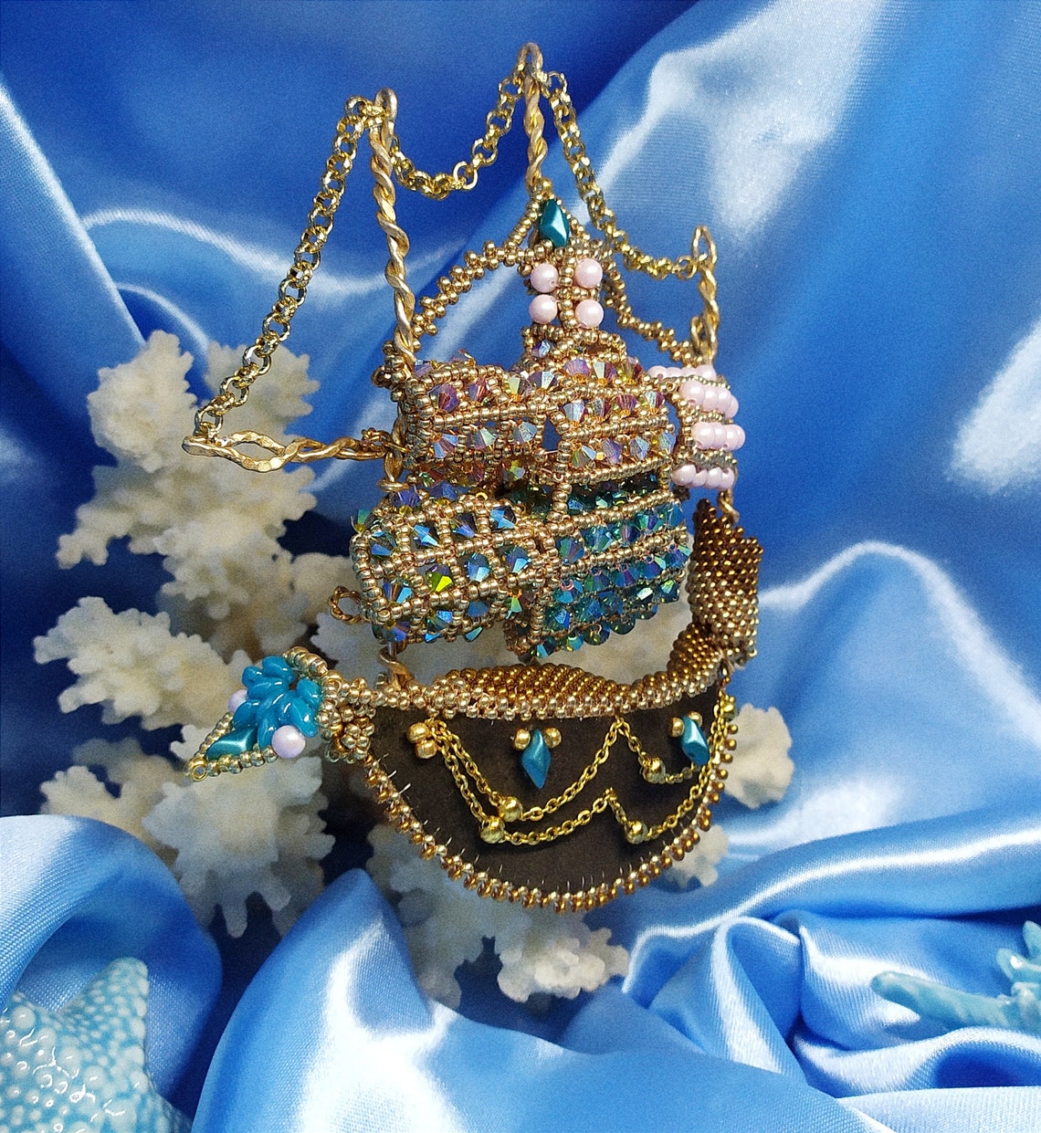 The Sailing Ship Brooch, Beaded Weaving, With 4mm Bicone, 4mm Pearls ...