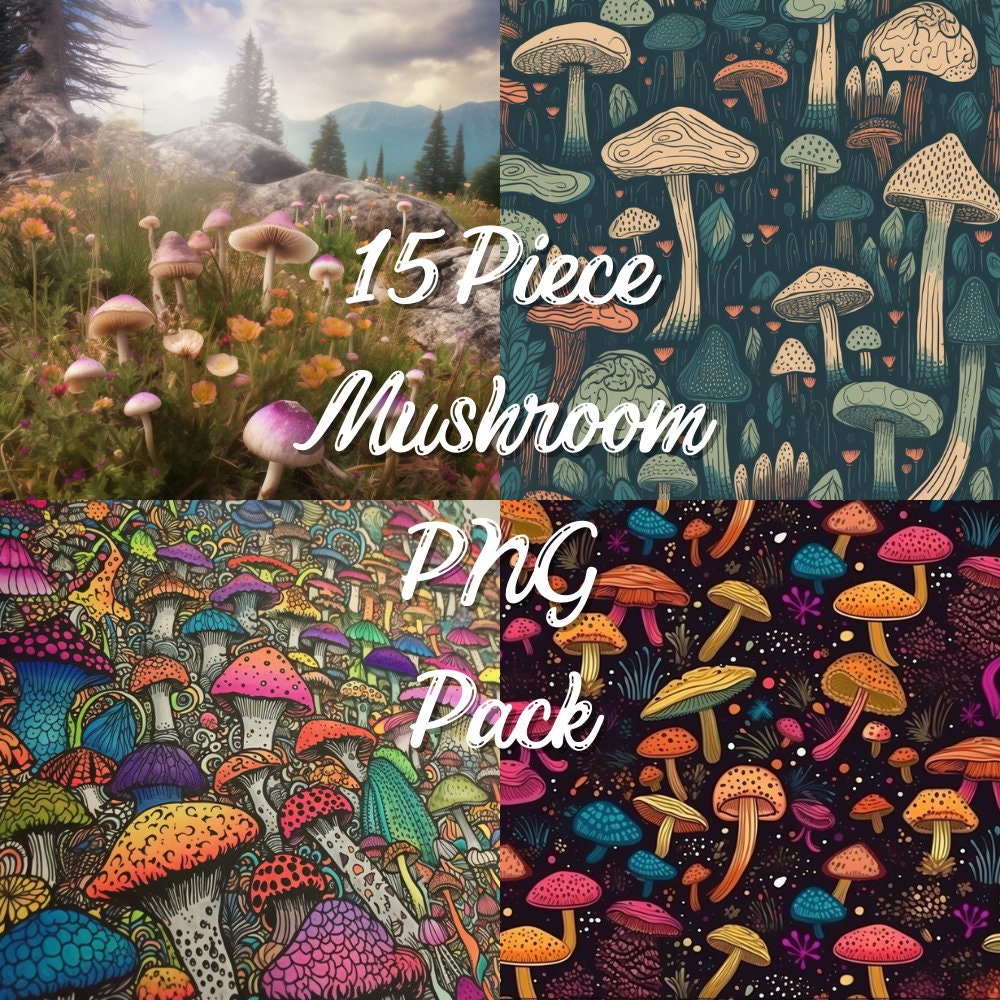Magic Mountain Mushroom Digital PNG Bundle. 15 Psychedelic and Colorful ...