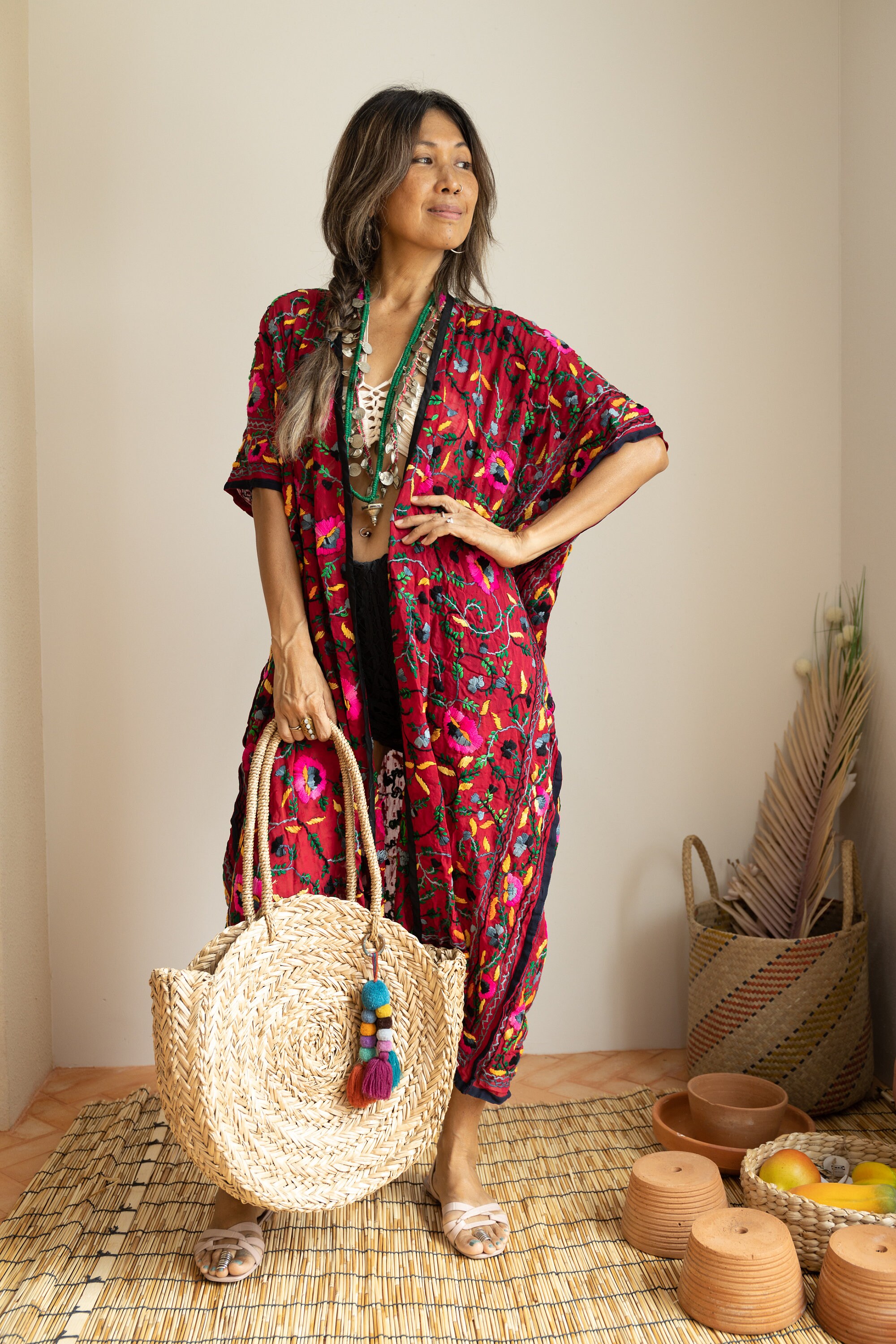 Long Boho Chiffon Lace Kimono Jacket / Robe With Detailed Flower ...