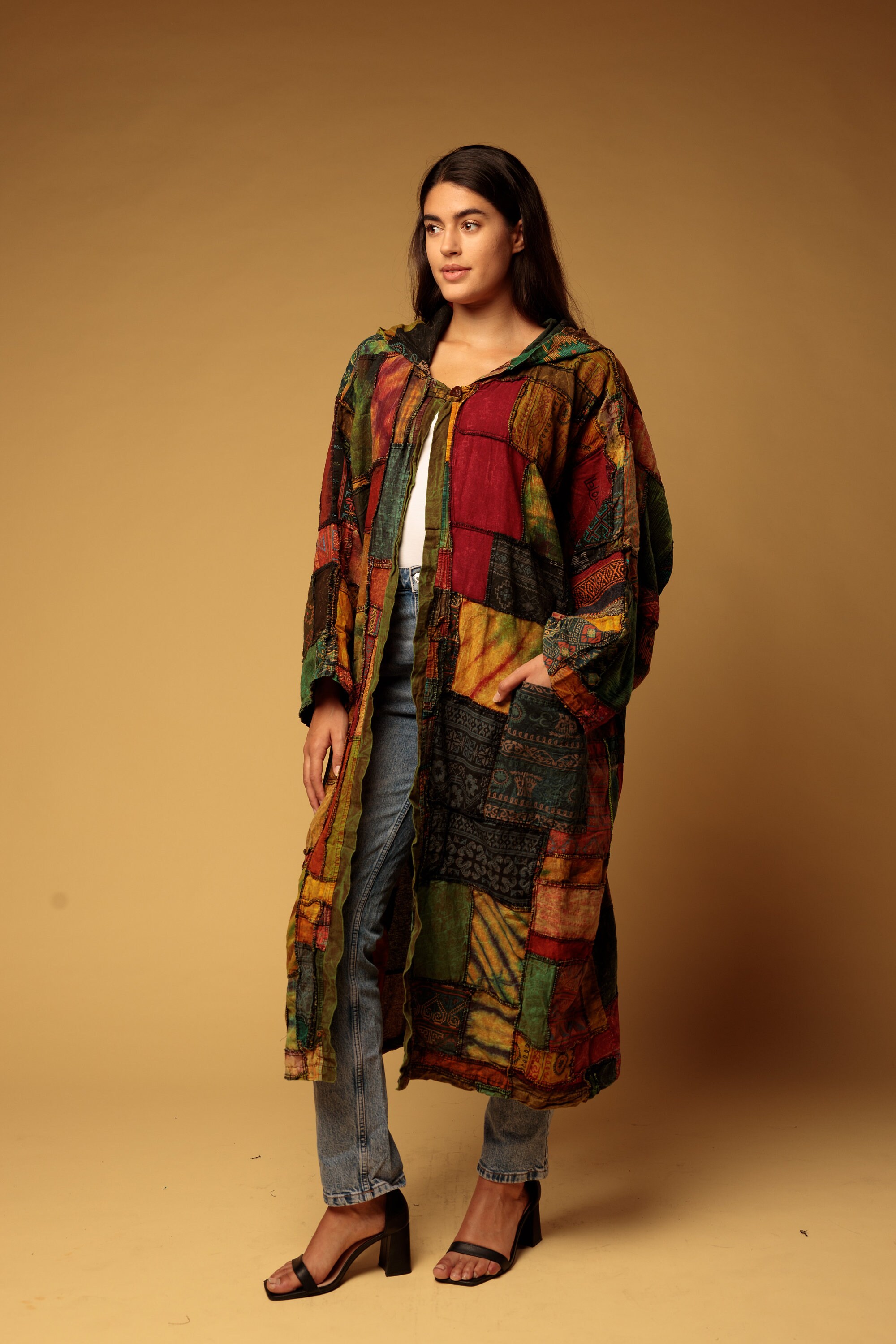 Handmade Forest Green and Red Tribal Print Patch Work Long Jacket W ...