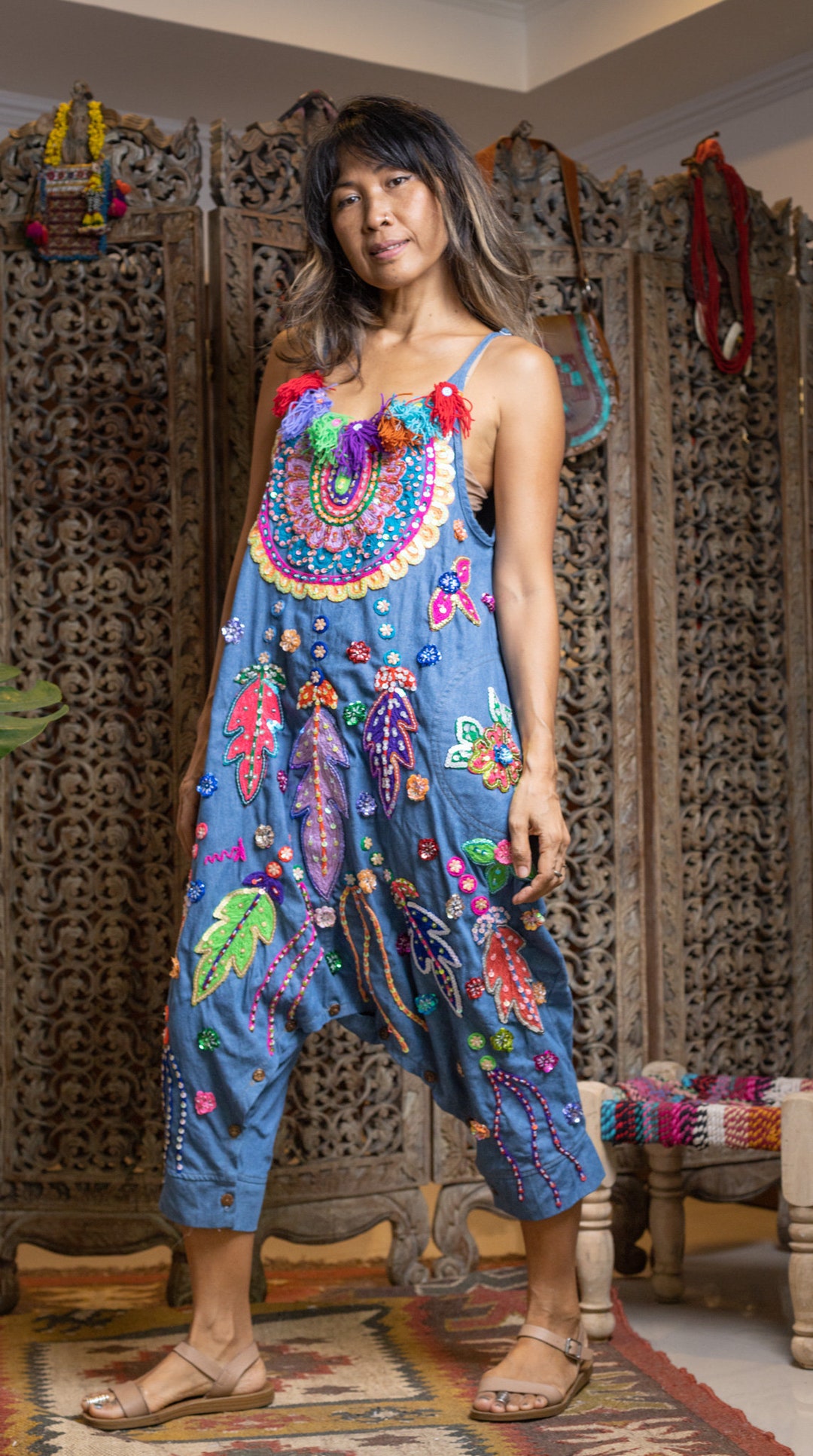 Handmade Whimsical Colourfully Embroidered Baggy Artist Overalls With ...