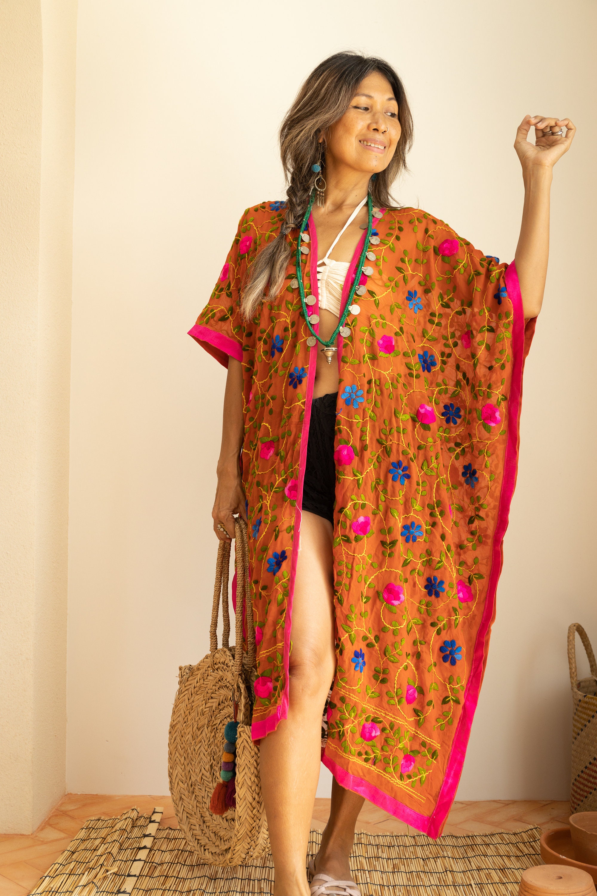 Long Boho Chiffon Lace Kimono Jacket / Robe With Detailed - Etsy