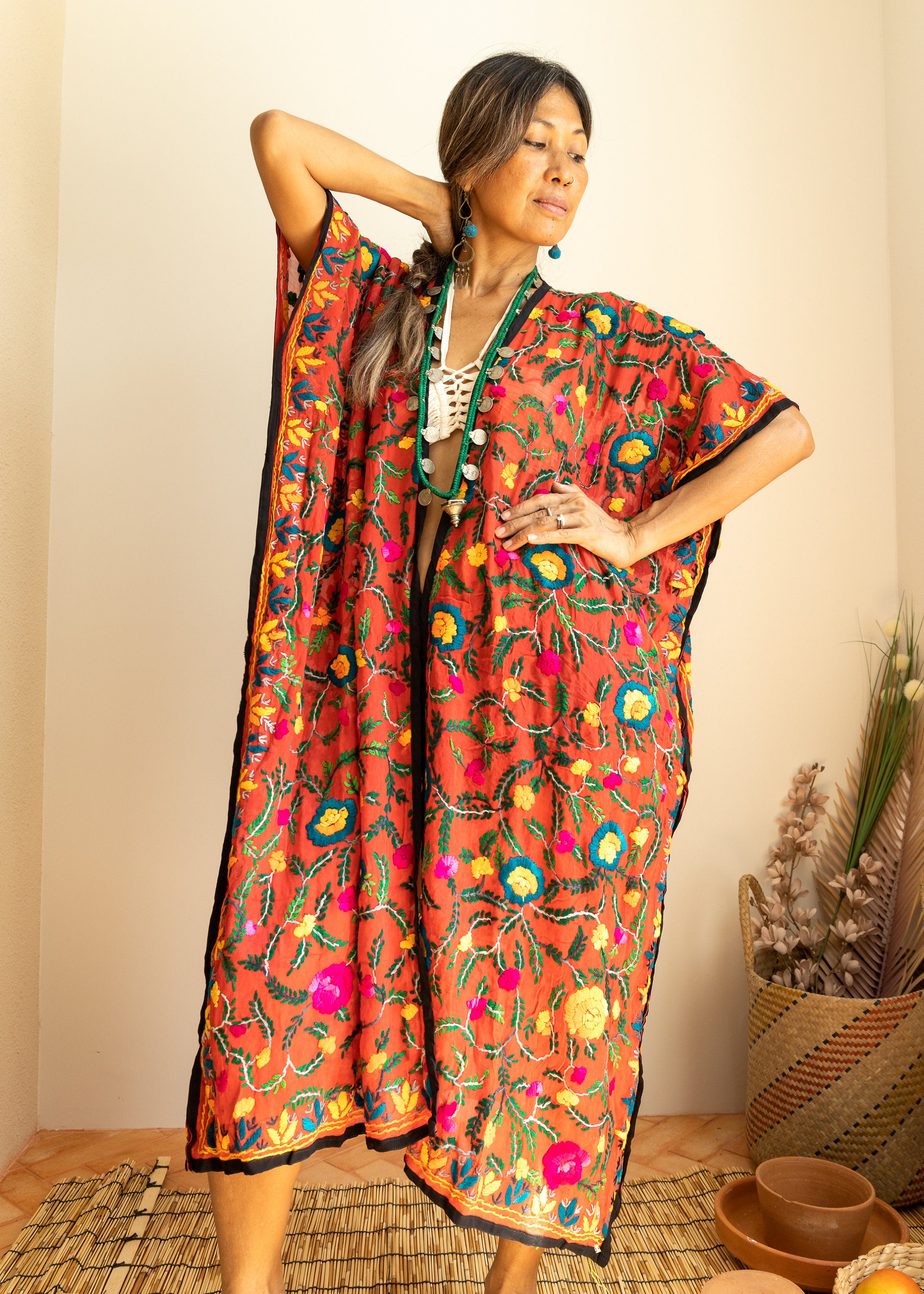 Long Boho Chiffon Lace Kimono Jacket / Robe With Detailed - Etsy