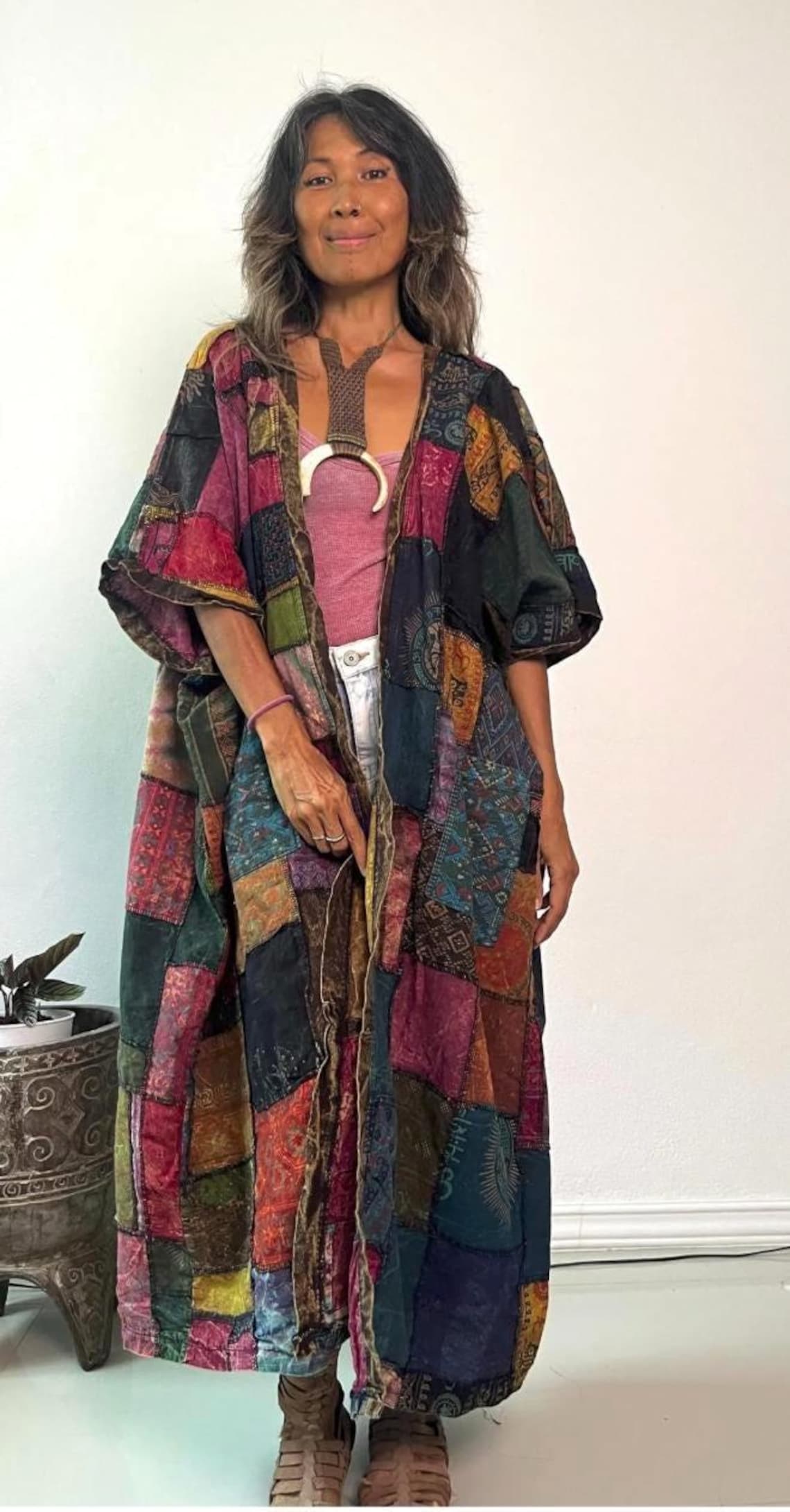 Bohemian Long Patchwork Jacket/ Coat With Real Coconut Shell Button and ...