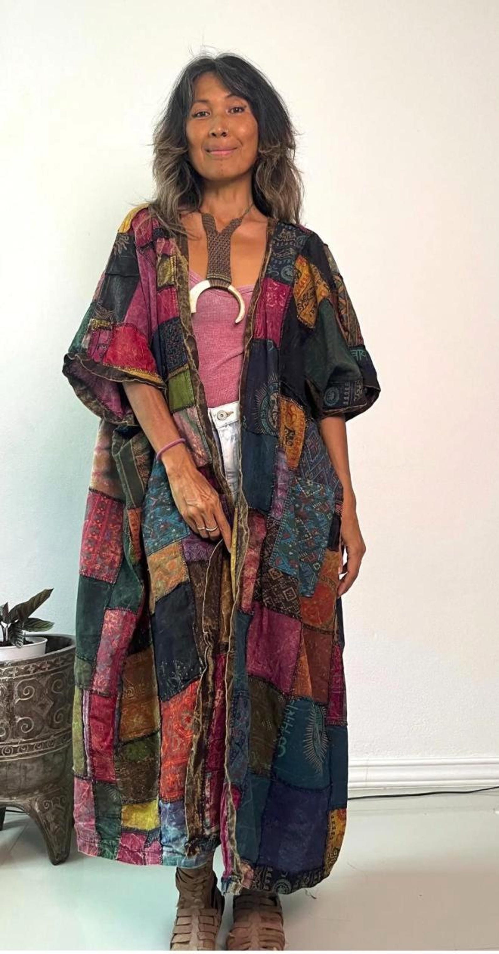 Bohemian Long Patchwork Jacket/ Coat With Real Coconut Shell Button and ...