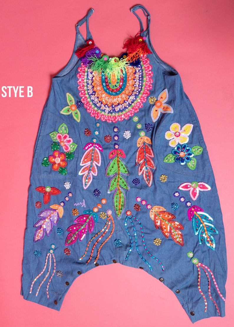 Handmade Whimsical Colourfully Embroidered Baggy Artist Overalls With ...