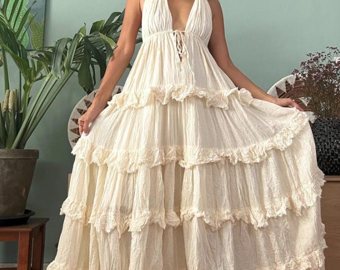 Boho Wedding Dress, Layered Ruffled Maxi Dress, Halter Backless Beach ...