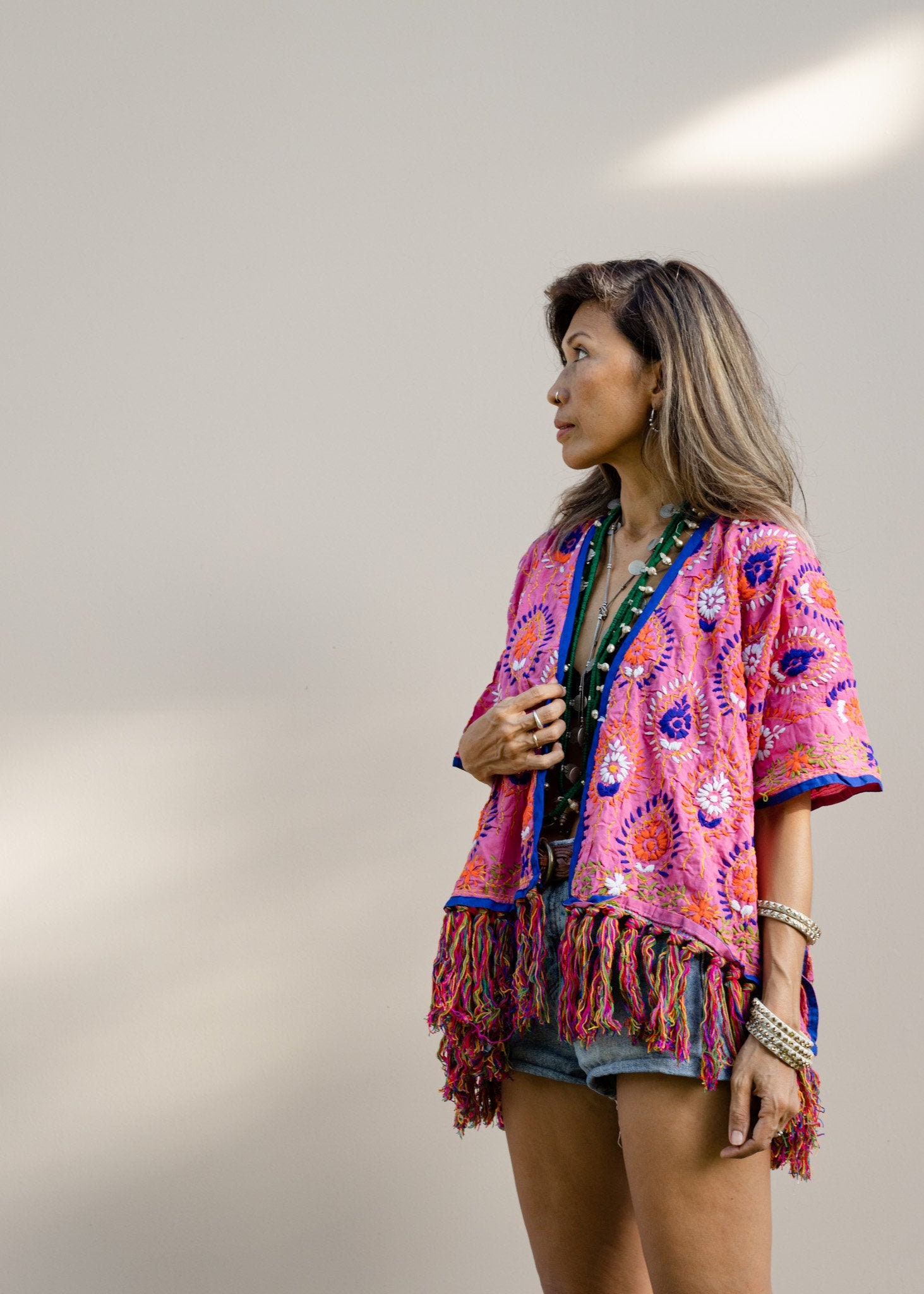 Pink and Multi-coloured Boho Hand Embroidered Fringe Jacket / Blazer ...