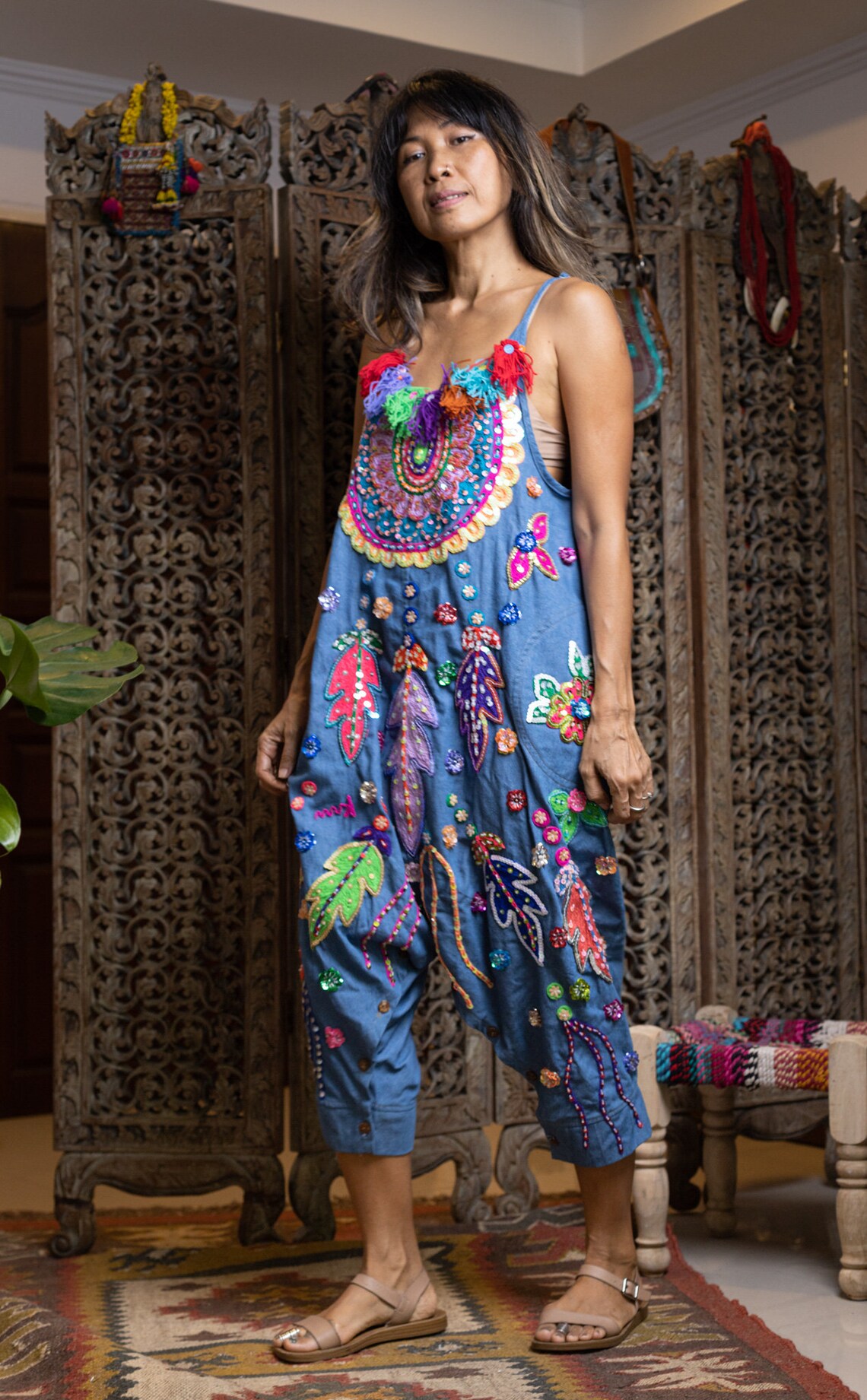Handmade Whimsical Colourfully Embroidered Baggy Artist Overalls With ...