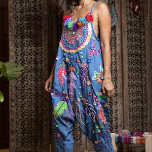 Handmade Whimsical Colourfully Embroidered Baggy Artist Overalls With ...