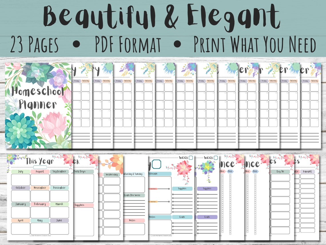 Undated Succulent Homeschool Planner - Teach, Kids, Class, Plan ...