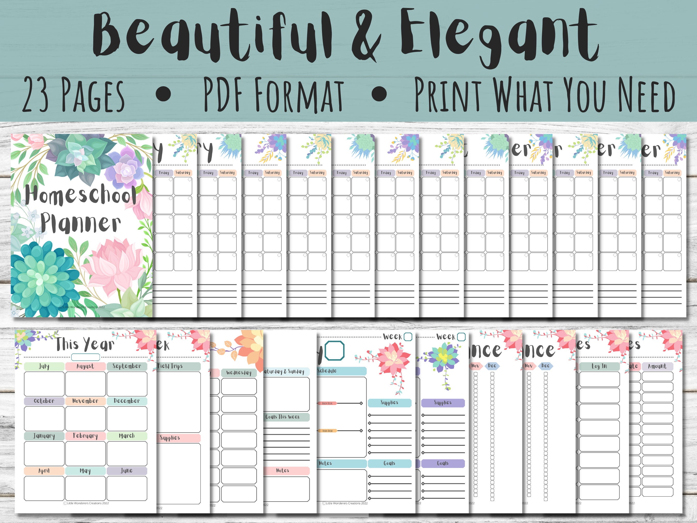 Undated Succulent Homeschool Planner - Teach, Kids, Class, Plan ...