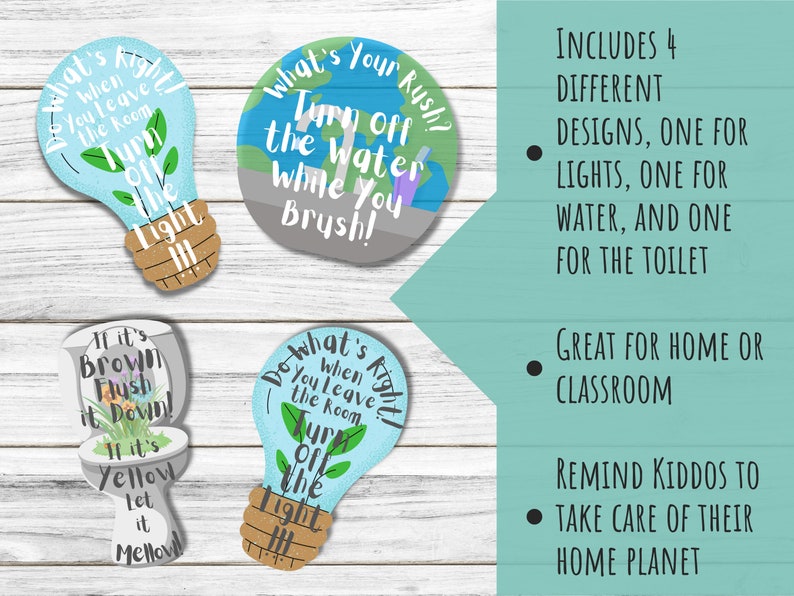 Eco Friendly Reminder Signs for Kids Turn Lights Off, Flush the Toilet ...