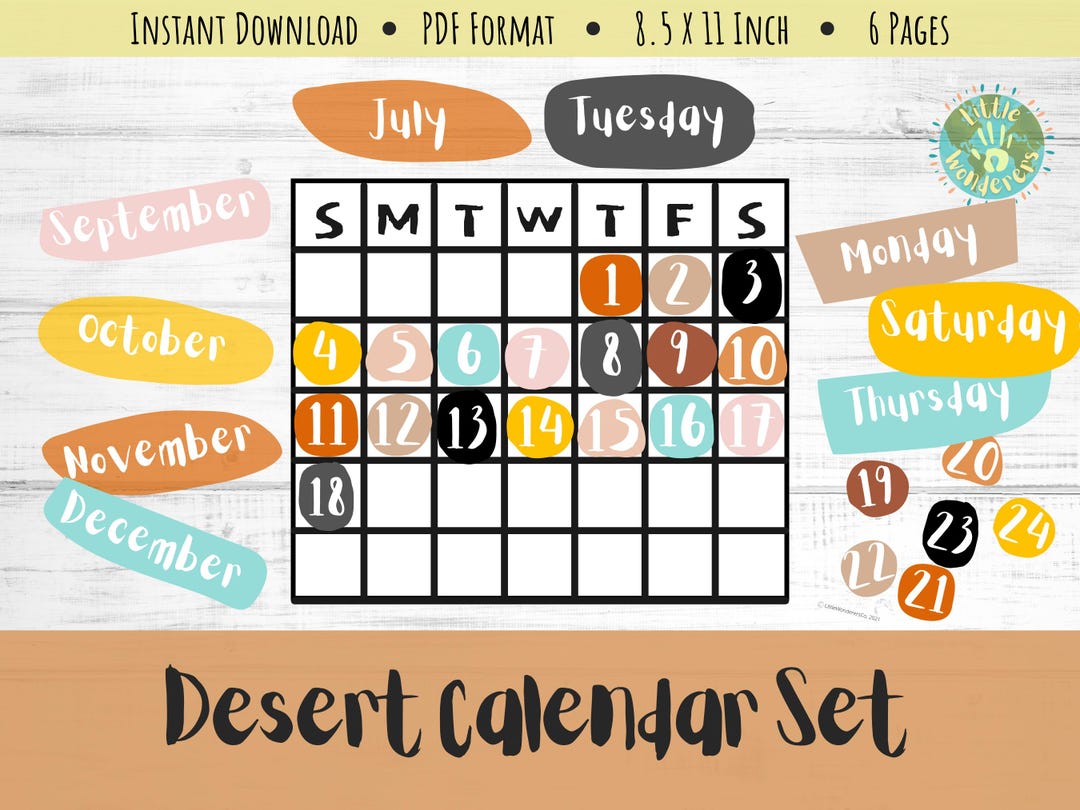 Desert Classroom Wall Calendar Card Set - Warm Colors, Printable ...