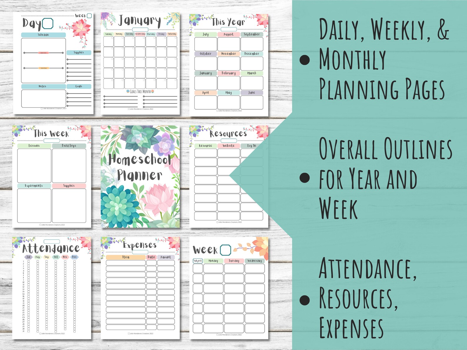 Undated Succulent Homeschool Planner - Teach, Kids, Class, Plan ...