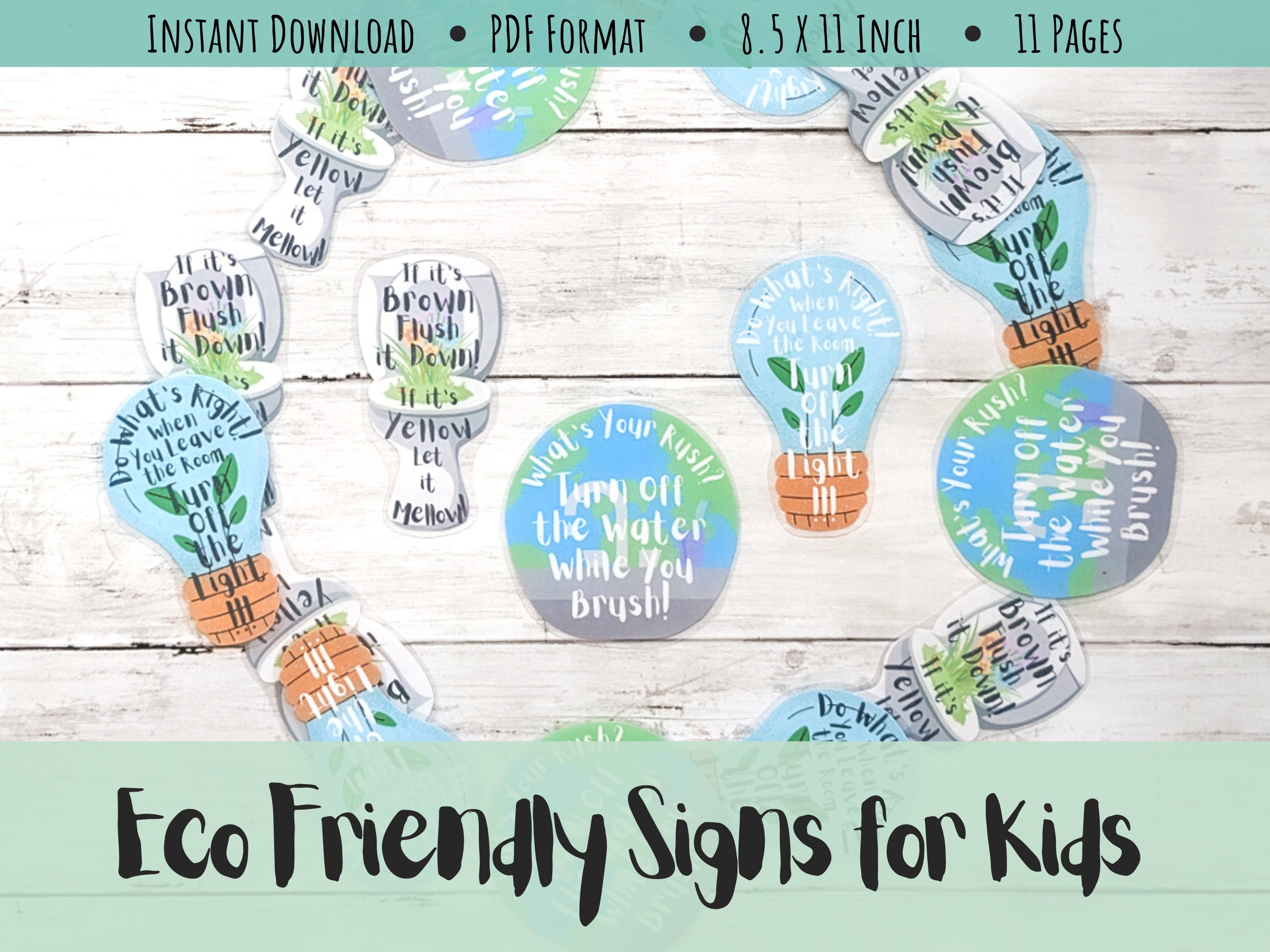 Eco Friendly Reminder Signs for Kids - Turn Lights Off, Flush the ...