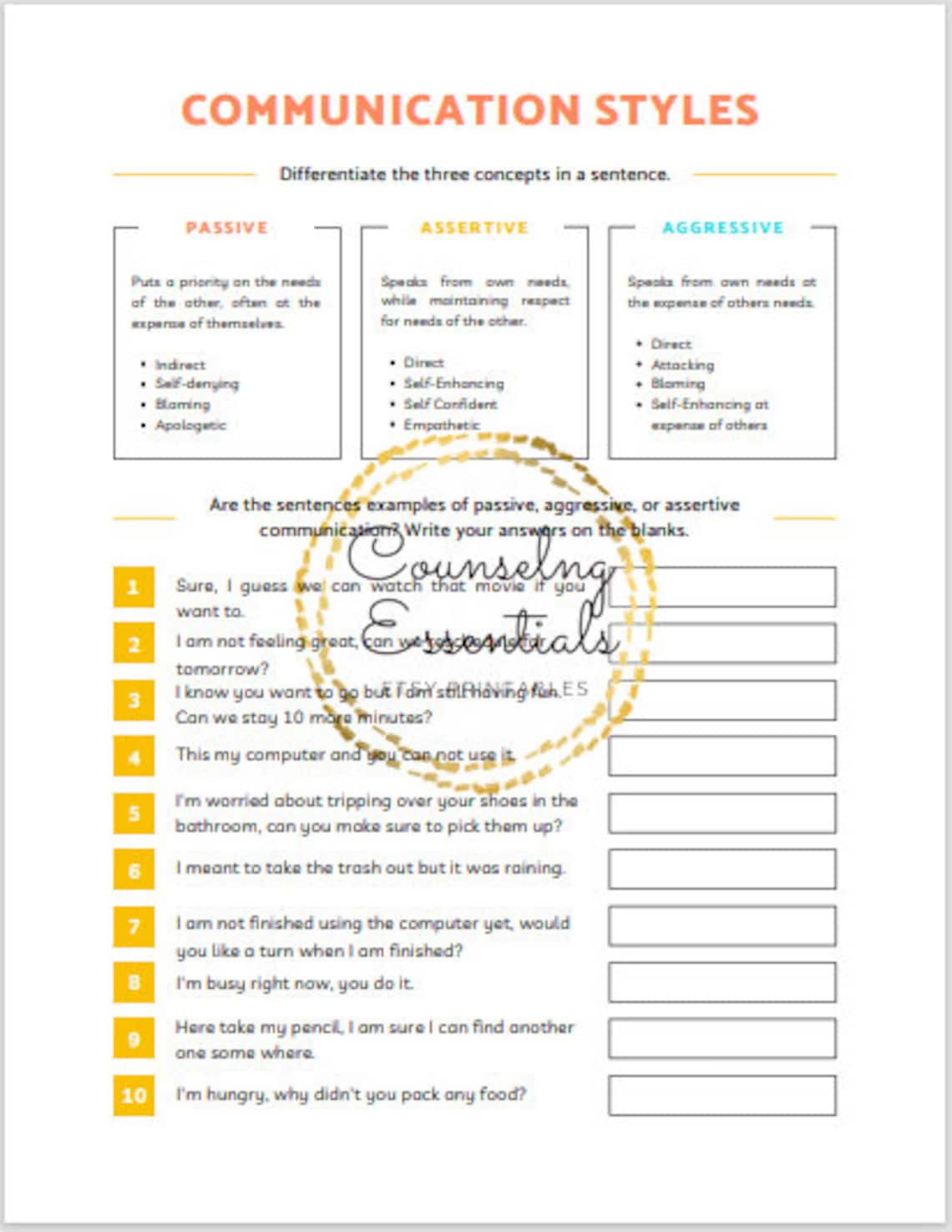 Communication Worksheet | Therapy Worksheet | Self Help | Instant ...