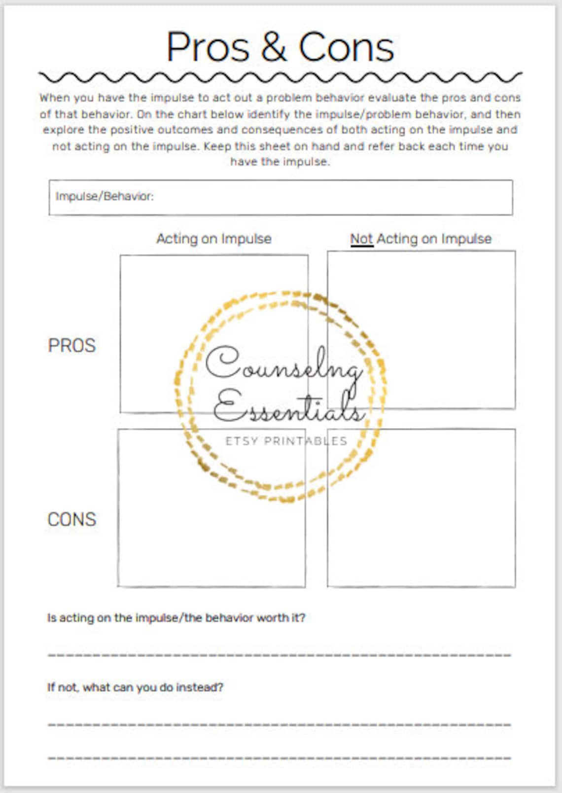 PROS & CONS Skill | Distress Tolerance | DBT Worksheet | Mental Health ...