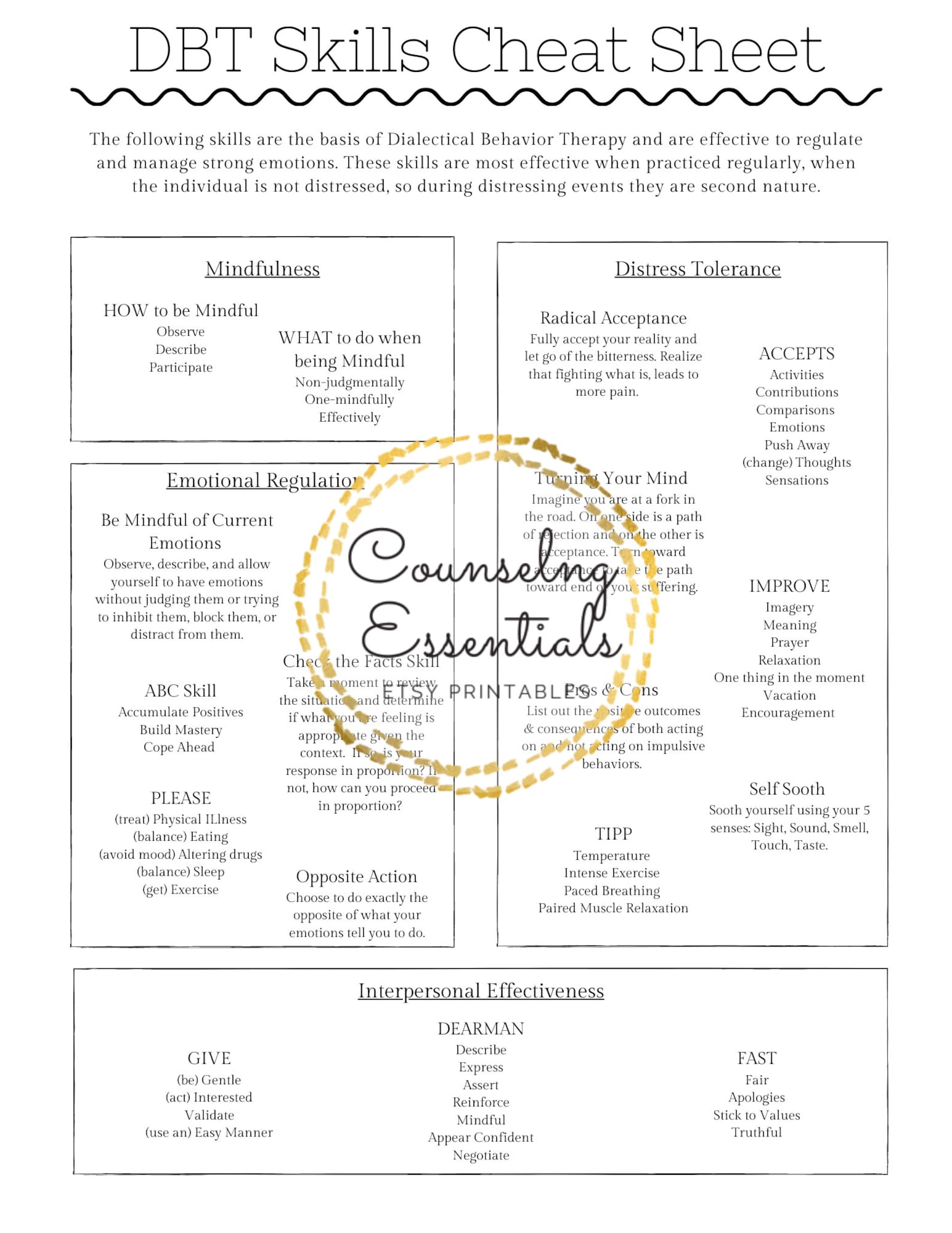 DBT Cheat Sheet & Worksheet Packet | DBT Skills | DBT Worksheets ...