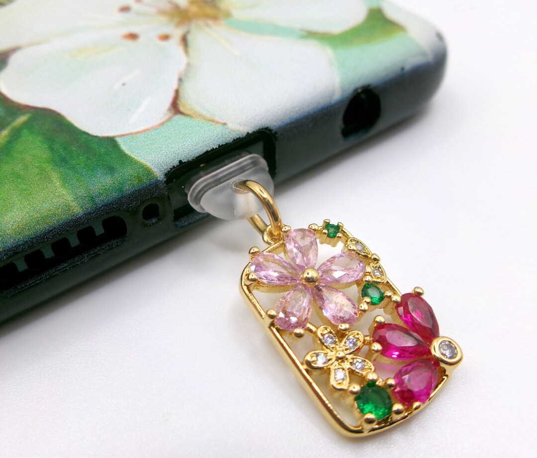 Pink CZ Flowers Phone Charm - Dust Cover USB Port - Mobile Earphone ...