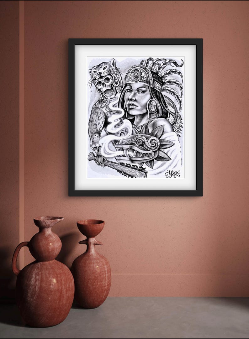 Aztec Queen and Jaguar Warrior Print, Indigenous Tattoo Style Art - Etsy