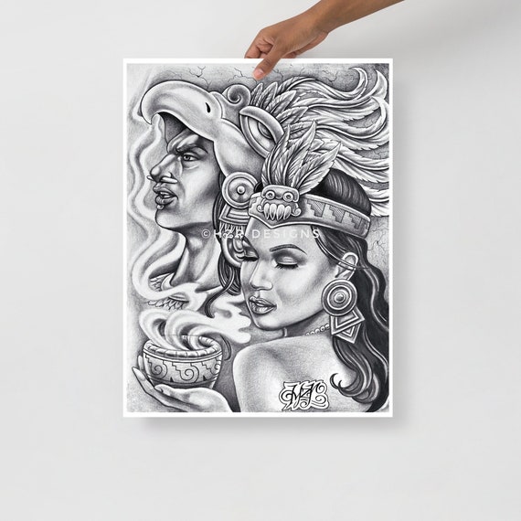 Poster Print Aztec King and Queen Chicano Art Aztec Art - Etsy