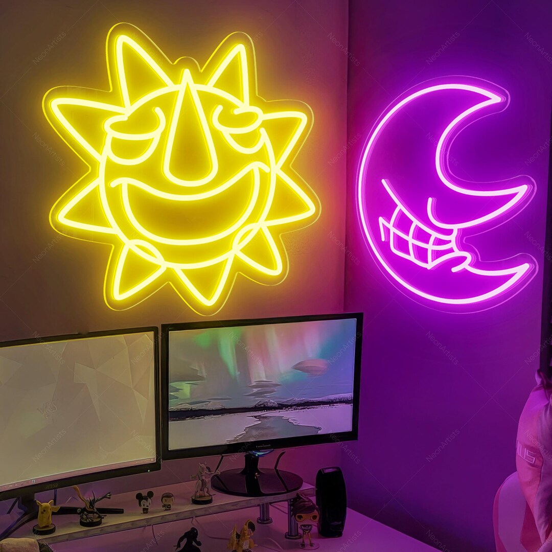Soul Sun and Moon LED Neon Sign| Half Moon Face Light| Evil Sun Anime ...