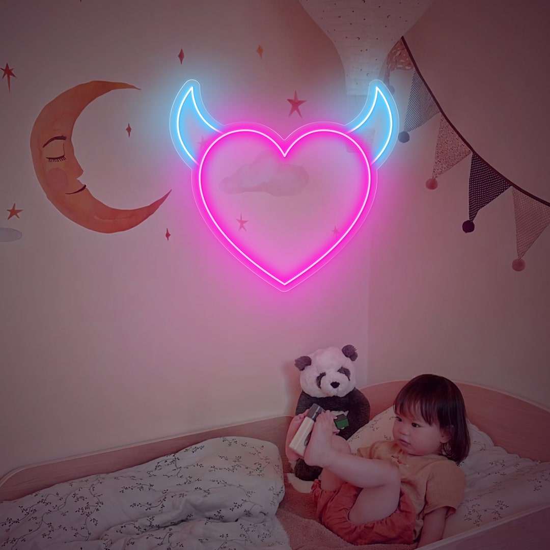 Heart With Horns Neon Sign, Devil Heart, Devil Horns Heart Sign Light ...