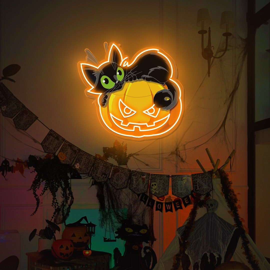 Halloween Pumpkin Neon Sign/halloween Pumpkin Cat Uv-printed Neon Sign ...