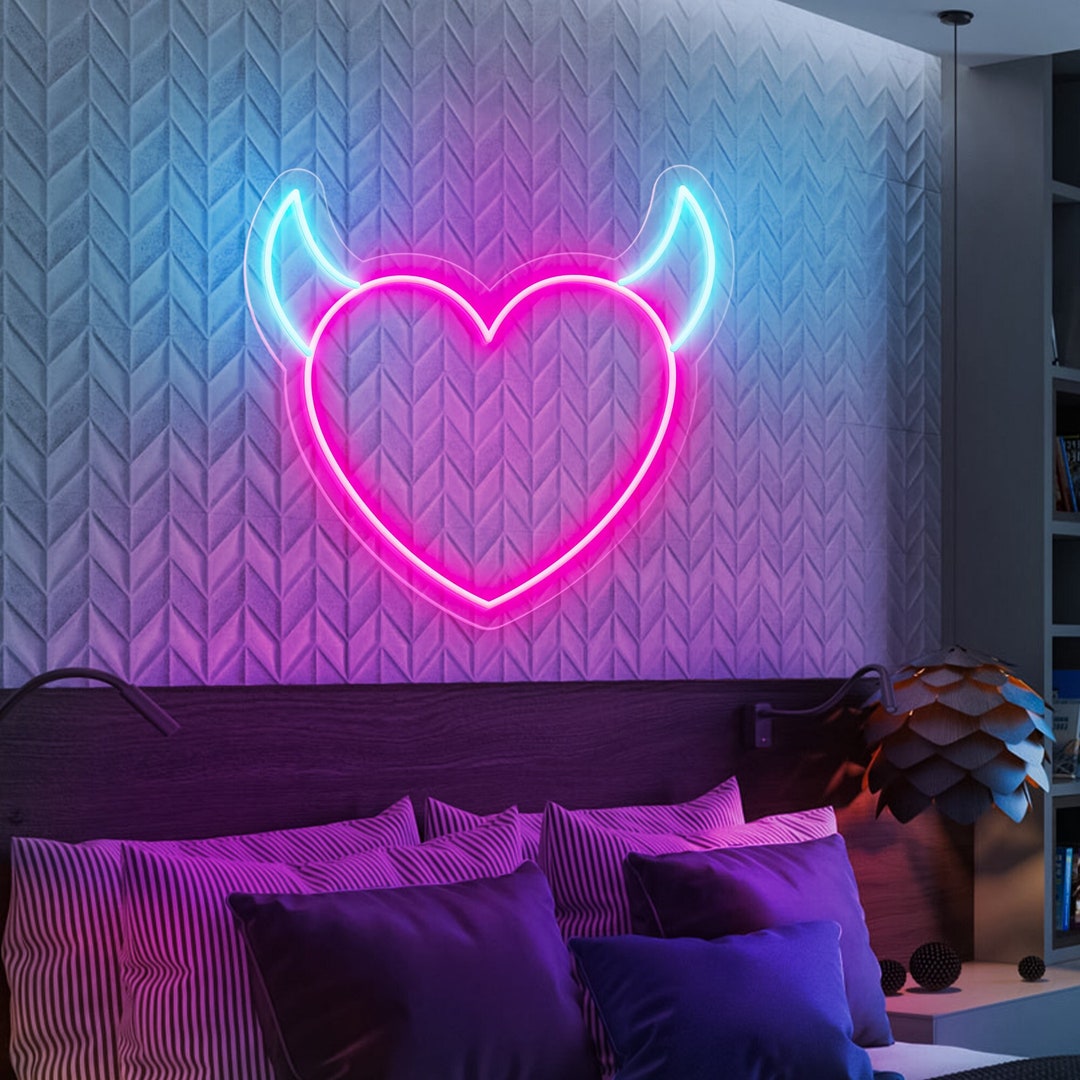 Heart With Horns Neon Sign, Devil Heart, Devil Horns Heart Sign Light ...