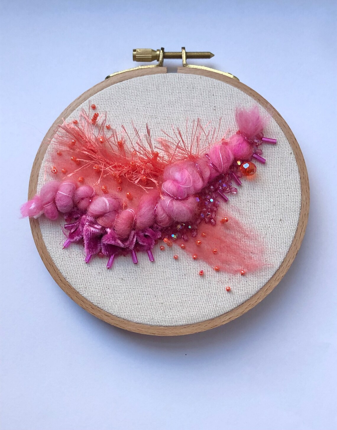 Pink Orange Watermelon Fiber Art Embroidery Art Beaded Art - Etsy